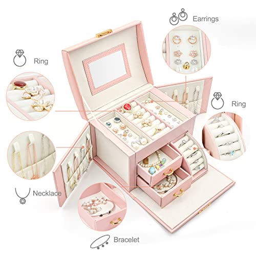 MUEUSS Jewelry Organizer Box for Girls Women Ideal Gift, Travel Portable Jewelry Case with Mirror and Lock For Necklace Earrings Rings Bracelets(Pink)