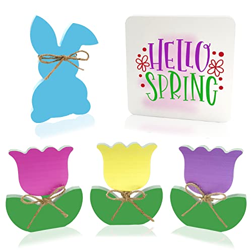 Ahzemepinyo 5 Pieces Easter Bunny Table Wooden Sign Wooden Tulips Tiered Tray Decor Hello Spring Wood Tabletop Decoration for Happy Easter Party Supplies