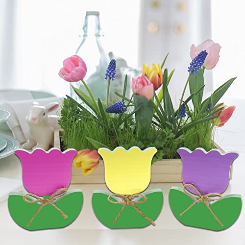 Ahzemepinyo 5 Pieces Easter Bunny Table Wooden Sign Wooden Tulips Tiered Tray Decor Hello Spring Wood Tabletop Decoration for Happy Easter Party Supplies