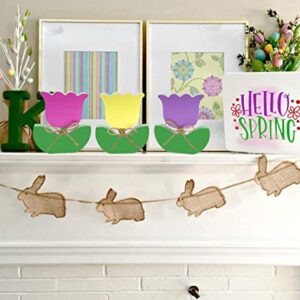 Ahzemepinyo 5 Pieces Easter Bunny Table Wooden Sign Wooden Tulips Tiered Tray Decor Hello Spring Wood Tabletop Decoration for Happy Easter Party Supplies