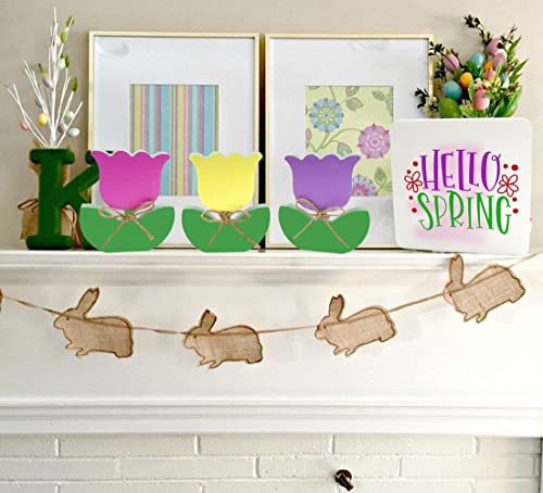 Ahzemepinyo 5 Pieces Easter Bunny Table Wooden Sign Wooden Tulips Tiered Tray Decor Hello Spring Wood Tabletop Decoration for Happy Easter Party Supplies