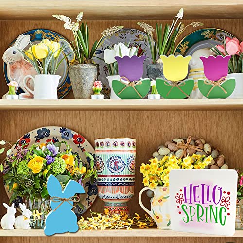 Ahzemepinyo 5 Pieces Easter Bunny Table Wooden Sign Wooden Tulips Tiered Tray Decor Hello Spring Wood Tabletop Decoration for Happy Easter Party Supplies