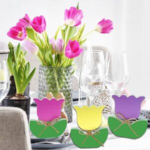 Ahzemepinyo 5 Pieces Easter Bunny Table Wooden Sign Wooden Tulips Tiered Tray Decor Hello Spring Wood Tabletop Decoration for Happy Easter Party Supplies