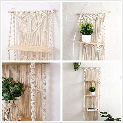 Chaokui Macrame Wall Hanging Shelf 3-Tier,Handmade Boho Macrame Shelf for Plants and Decor, Wall Hanging Shelves to Organize and Decor for Living Room, Bedroom, Bathroom (16'' W/55 H / 3-Tier)