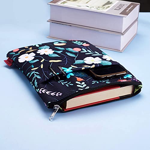 Book Sleeve Black Floral Book Protector , Book Covers for Paperbacks, Washable Fabric, Book Sleeves with Zipper, Medium 11 Inch X 8.7 Inch Book Lover Gifts