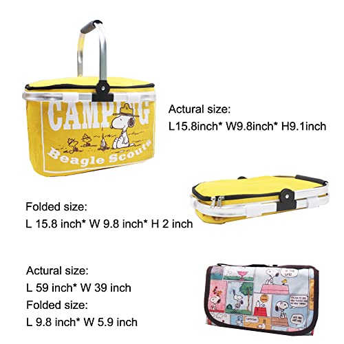 Finex Yellow Snoopy Picnic Set - Foldable Picnic Basket + Reusable Blanket Mat for Camping Hiking Outdoor Concert Theme Park Travel Day Trip