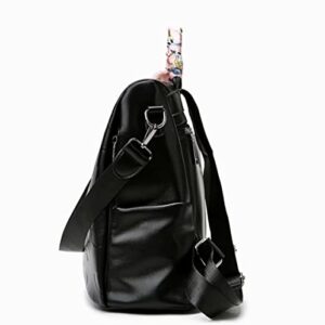 Banoo Fashion Backpack for Women with silk scarves, Leather design convertible backpack tote and anti-theft shoulder bag, Black