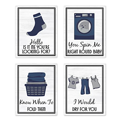 A LuxeHome Royal Navy Blue Gray White Retro Vintage Inspirational Laundry Room 70s 80s Music Song Gifts Rustic Modern Farmhouse Country Home Funny Sayings Quotes Unframed 8”x10”, 8 x 10 Inch