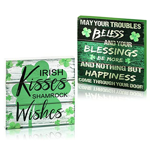 2 Pieces St. Patrick's Day Wood Decors Wood Box Signs Irish Rustic Tabletop Decor Wood Block Plaque May Your Blessings Irish Kisses Shamrock Wishes for St. Patrick Home Table Decorations, 8 x 8 Inch