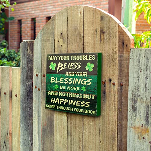 2 Pieces St. Patrick's Day Wood Decors Wood Box Signs Irish Rustic Tabletop Decor Wood Block Plaque May Your Blessings Irish Kisses Shamrock Wishes for St. Patrick Home Table Decorations, 8 x 8 Inch