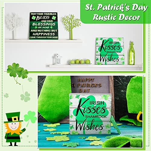 2 Pieces St. Patrick's Day Wood Decors Wood Box Signs Irish Rustic Tabletop Decor Wood Block Plaque May Your Blessings Irish Kisses Shamrock Wishes for St. Patrick Home Table Decorations, 8 x 8 Inch