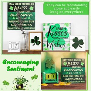 2 Pieces St. Patrick's Day Wood Decors Wood Box Signs Irish Rustic Tabletop Decor Wood Block Plaque May Your Blessings Irish Kisses Shamrock Wishes for St. Patrick Home Table Decorations, 8 x 8 Inch