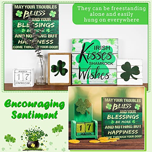 2 Pieces St. Patrick's Day Wood Decors Wood Box Signs Irish Rustic Tabletop Decor Wood Block Plaque May Your Blessings Irish Kisses Shamrock Wishes for St. Patrick Home Table Decorations, 8 x 8 Inch