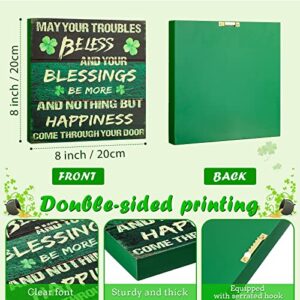 2 Pieces St. Patrick's Day Wood Decors Wood Box Signs Irish Rustic Tabletop Decor Wood Block Plaque May Your Blessings Irish Kisses Shamrock Wishes for St. Patrick Home Table Decorations, 8 x 8 Inch