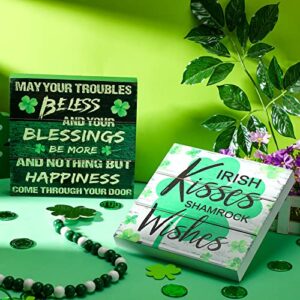 2 Pieces St. Patrick's Day Wood Decors Wood Box Signs Irish Rustic Tabletop Decor Wood Block Plaque May Your Blessings Irish Kisses Shamrock Wishes for St. Patrick Home Table Decorations, 8 x 8 Inch