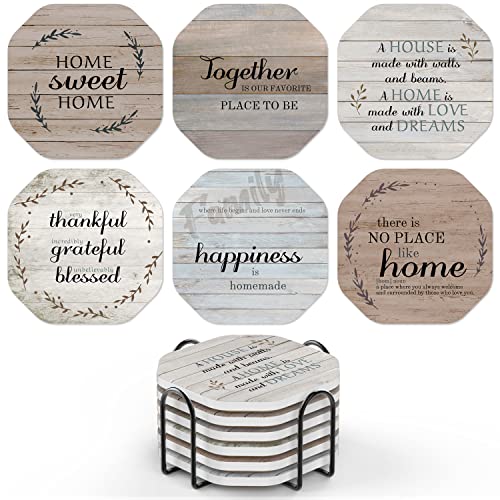 UMIRRO Rustic Farmhouse Coasters for Coffee Table Decor, Ceramic Coaster Set with Holder for Wooden Table, Cute Cup Coasters for Drinks Absorbent, Housewarming Gifts for New House/Home, 4", 6 Pack