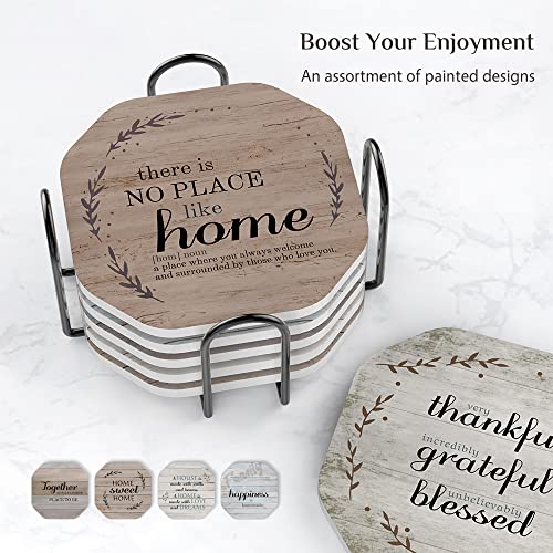 UMIRRO Rustic Farmhouse Coasters for Coffee Table Decor, Ceramic Coaster Set with Holder for Wooden Table, Cute Cup Coasters for Drinks Absorbent, Housewarming Gifts for New House/Home, 4", 6 Pack