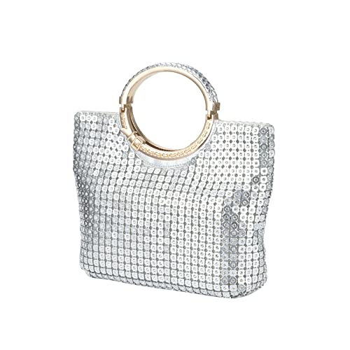 GripIt Designer Handbags Sequin Tote Bag with Rhinestone Wristlet Sparkly Purse Crystal Bag for Women Trendy Formal Evening Bag,Silver