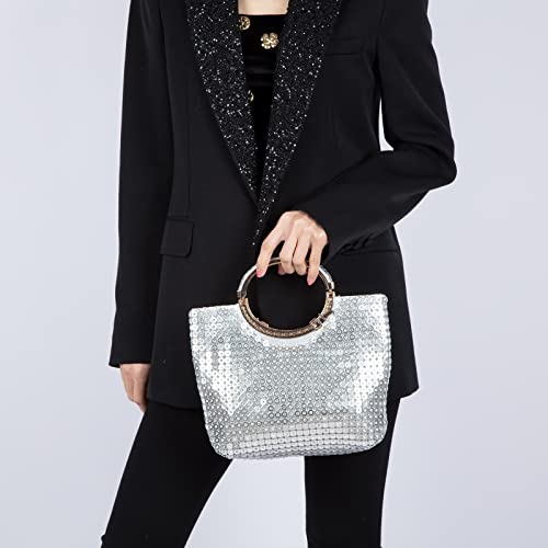 GripIt Designer Handbags Sequin Tote Bag with Rhinestone Wristlet Sparkly Purse Crystal Bag for Women Trendy Formal Evening Bag,Silver