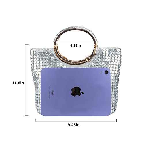 GripIt Designer Handbags Sequin Tote Bag with Rhinestone Wristlet Sparkly Purse Crystal Bag for Women Trendy Formal Evening Bag,Silver