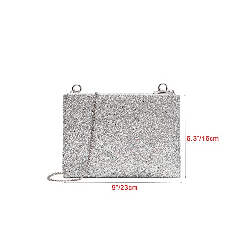 LAM GALLERY Sparkling Silver Evening Clutch Handbag Bling Small Crossbody Chain Bag Glitter Shoulder Tote Bag for Womens - Chain Style