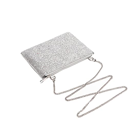 LAM GALLERY Sparkling Silver Evening Clutch Handbag Bling Small Crossbody Chain Bag Glitter Shoulder Tote Bag for Womens - Chain Style