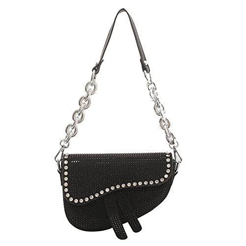 PURFANREE Women Studded Saddle Shoulder Bag Shining Rhinestone Clutch Purse Underarm Handbag Satchel Rivet Crossbody Bag