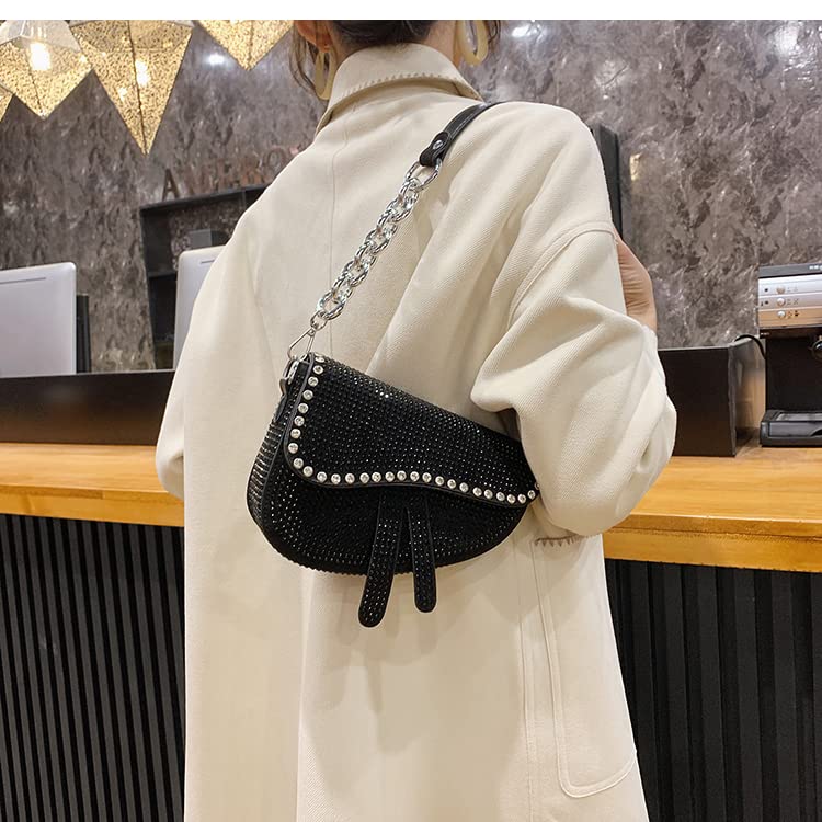 PURFANREE Women Studded Saddle Shoulder Bag Shining Rhinestone Clutch Purse Underarm Handbag Satchel Rivet Crossbody Bag