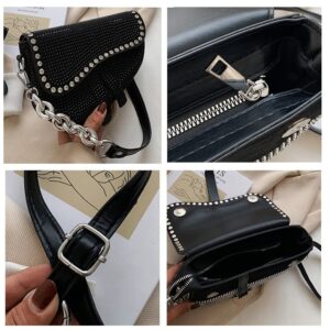 PURFANREE Women Studded Saddle Shoulder Bag Shining Rhinestone Clutch Purse Underarm Handbag Satchel Rivet Crossbody Bag