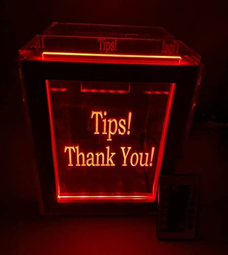 Custom Tip Box Raffle Fund Raiser Donation Wedding Storage Tips Jar Personalized Free Engraved LED Lights Up 16 Color Changing Free Standing 7"W x 8.5"H Acrylic Large Container