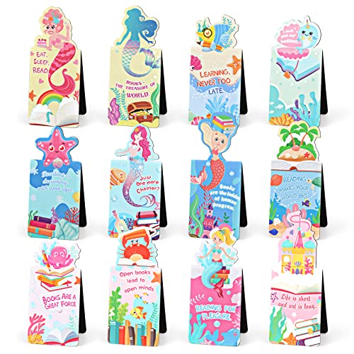 MWOOT 24Pcs Mermaid Magnetic Bookmarks for Kids, Cute Magnet Book Markers Kit for Book Lovers, Ocean Design Magnetic Page Marker Bookmark Supplies for Students Reading Lovers(12 Styles,4.5x3CM)