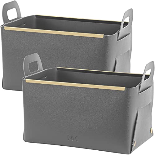 NeatVilla Faux Leather Baskets for Storage, 9x6x6 Small Gray Grey Basket Catchall PU Leather Bin Organizers for Organizing, Set of 2 Faux Leather Storage Bin Cute Foldable Storage Baskets for Shelves