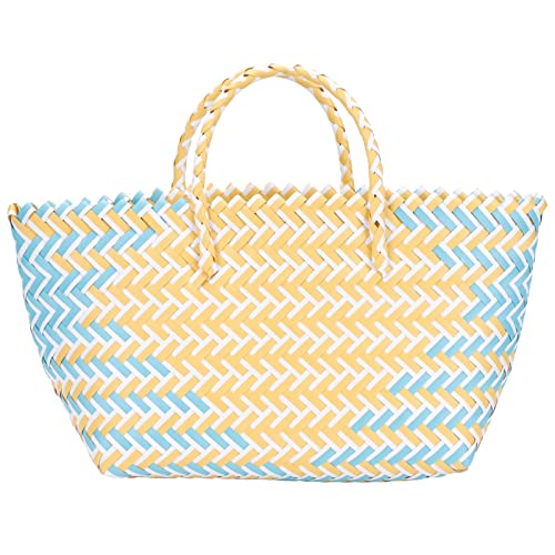 Yardwe Hand- Woven Straw Handbag Bag Wicker Handbag Basket Purse Retro Women Straw Tote Blue+ Yello