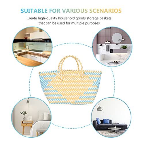 Yardwe Hand- Woven Straw Handbag Bag Wicker Handbag Basket Purse Retro Women Straw Tote Blue+ Yello