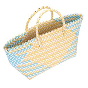 Yardwe Hand- Woven Straw Handbag Bag Wicker Handbag Basket Purse Retro Women Straw Tote Blue+ Yello