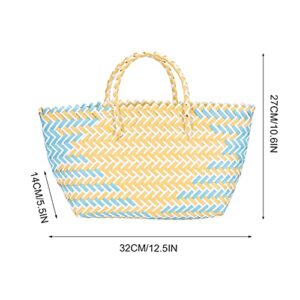 Yardwe Hand- Woven Straw Handbag Bag Wicker Handbag Basket Purse Retro Women Straw Tote Blue+ Yello