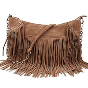 HOXIS Studded Tassel Faux Suede Leather Hobo Cross Body Chain Shoulder Bag Women’s Satchel (Brown)