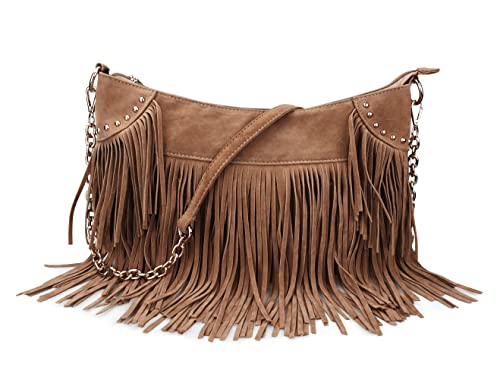 HOXIS Studded Tassel Faux Suede Leather Hobo Cross Body Chain Shoulder Bag Women’s Satchel (Brown)