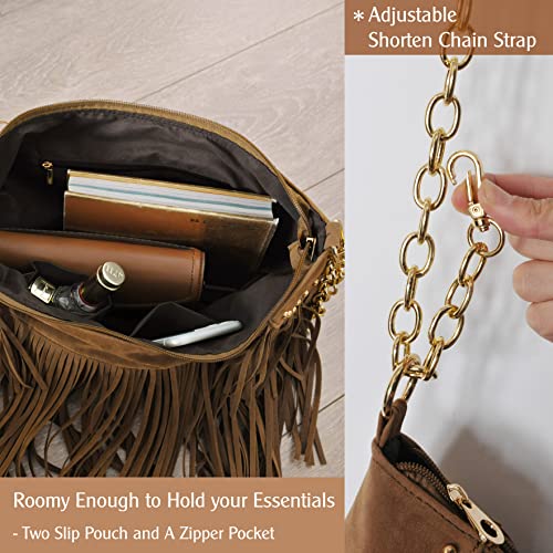 HOXIS Studded Tassel Faux Suede Leather Hobo Cross Body Chain Shoulder Bag Women’s Satchel (Brown)