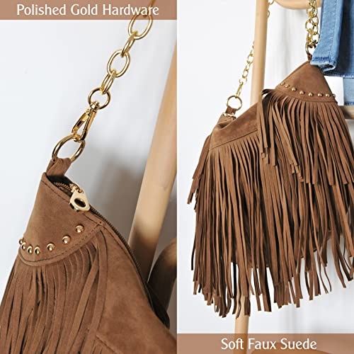 HOXIS Studded Tassel Faux Suede Leather Hobo Cross Body Chain Shoulder Bag Women’s Satchel (Brown)