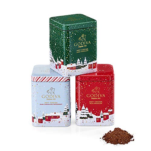 Godiva Chocolatier Hot Cocoa Trio Gift Set – Set of 3 Holiday Hot Chocolate Mixes – Gourmet Milk, Dark and Dark Chocolate Peppermint Powders – Festive Tins in a Christmas Gift Box