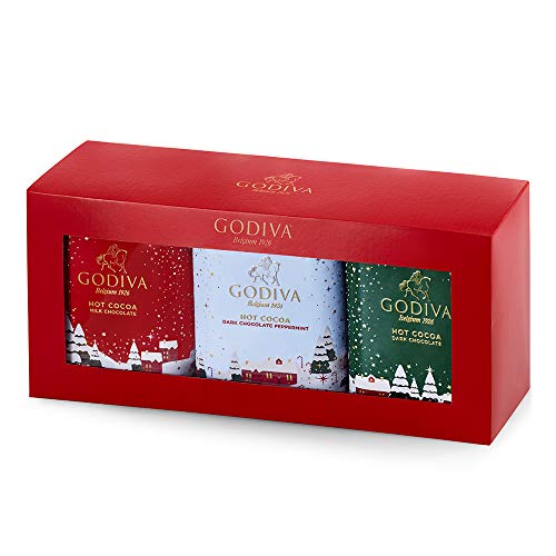 Godiva Chocolatier Hot Cocoa Trio Gift Set – Set of 3 Holiday Hot Chocolate Mixes – Gourmet Milk, Dark and Dark Chocolate Peppermint Powders – Festive Tins in a Christmas Gift Box