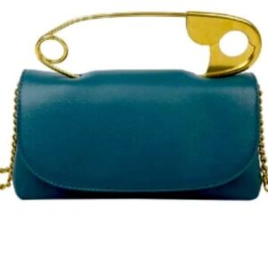 Safety Pin Clutch Handbag with Gold Chain Shoulder Strap, Blue