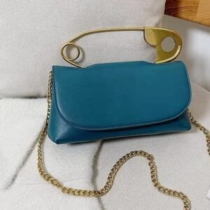 Safety Pin Clutch Handbag with Gold Chain Shoulder Strap, Blue