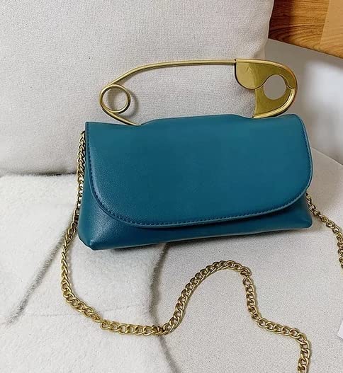 Safety Pin Clutch Handbag with Gold Chain Shoulder Strap, Blue