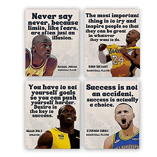 Retro Inspirational Athletes Posters,Basketball Superstar Canvas Posters,Stephen Curry Posters,Usain Bolt Wall art,Diversity Posters,A Unique Gift for Sports Fans,Men,and Teens,Set of4(8"X10")No Frame