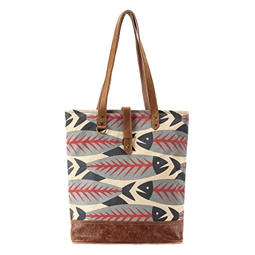 ANNGOTI Canvas & Cowhide Tote Bag for Women, Vintage Style Handmade Print Handbag with Zipper Top & Internal Pockets