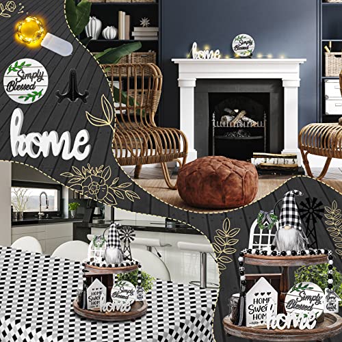 10 Pieces Farmhouse Decor for Tiered Tray, Black White Buffalo Plaid Wooden Mini Sign Rustic Ornaments with String Lights for Kitchen Table Decoration, Housewarming Gift(Gnome Style)