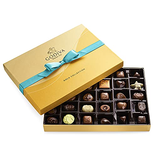 Godiva Chocolatier Assorted Chocolate Gift Box - Assorted Dark, Milk, White, Raspberry, Caramel, and Chocolate- Blue Ribbon Classic Gold Box - 36 pieces