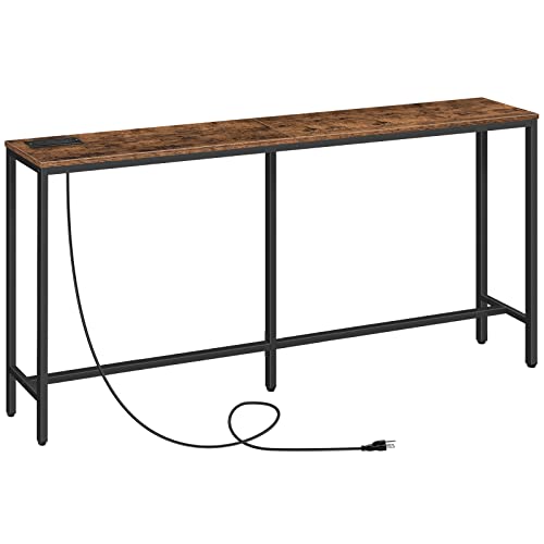 ALLOSWELL Console Table with Power Outlet, 63" Narrow Sofa Table, Industrial Entryway Table with USB Ports, Behind Couch Table for Entryway, Hallway, Foyer, Living Room, Bedroom CTHR16E01